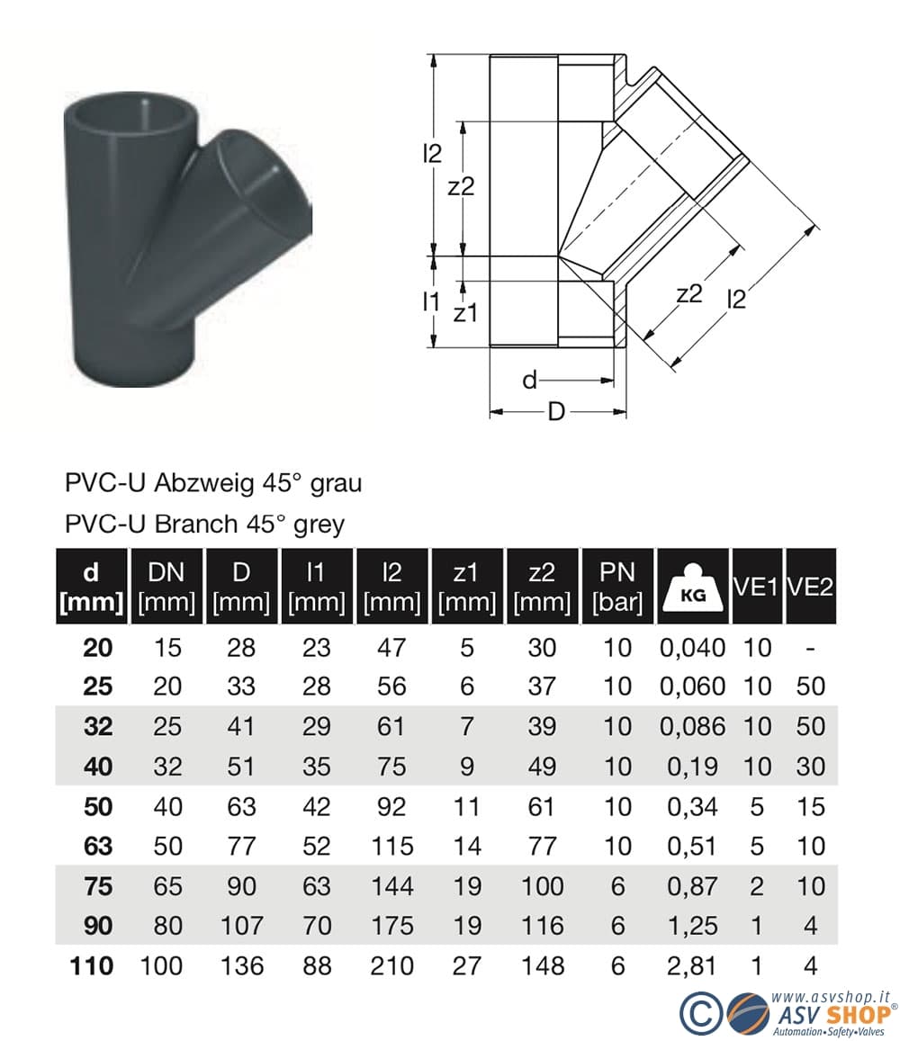TEE 45° in PVC-U - Raccorderia in PVC su ASVShop